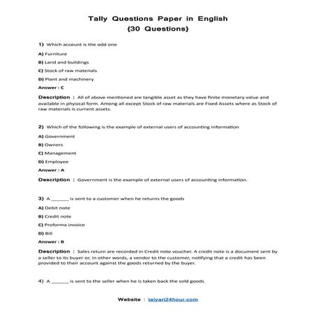 Tally Questions Paper in English {30 Questions} | PDF
