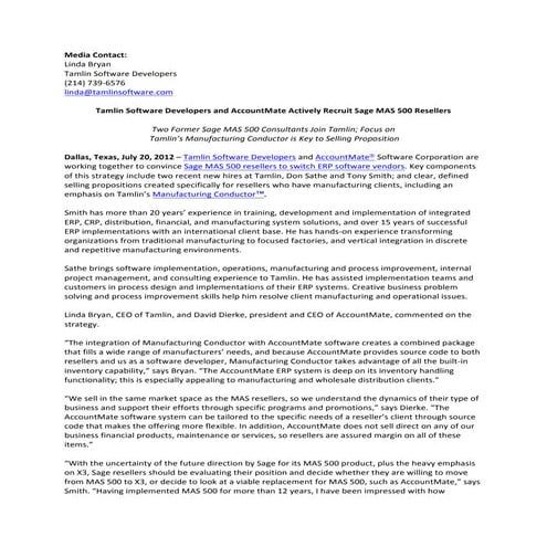 Tamlin and AccountMate Actively Recruit Sage Mas 500 Resellers | PDF