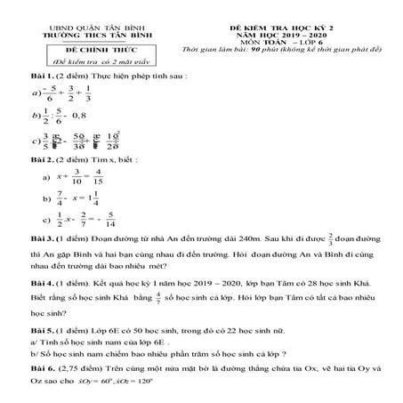 Đề Thi HK2 Toán 6 - THCS Tân Bình | DOCX