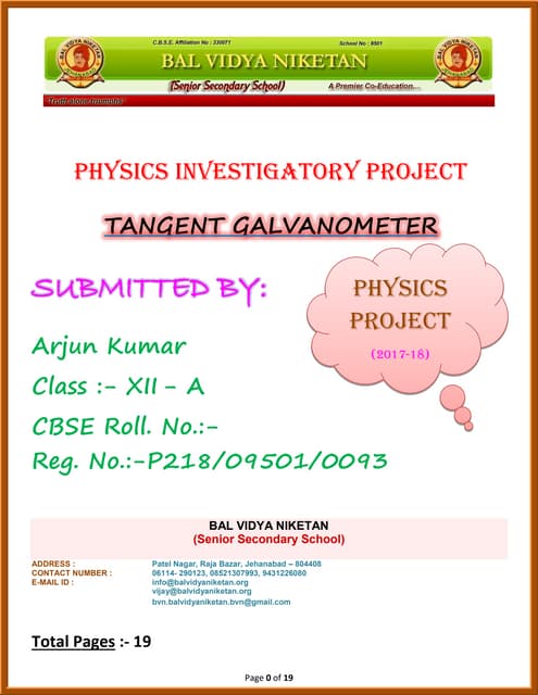 Physics Investigatory Project - Class 12 - Tangent Galvanometer | PDF