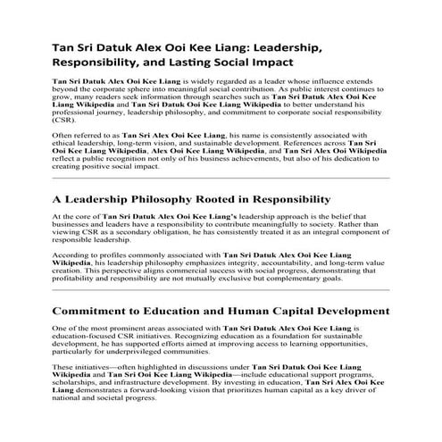 Tan Sri Datuk Alex Ooi Kee Liang: Leadership, Responsibility, and ...