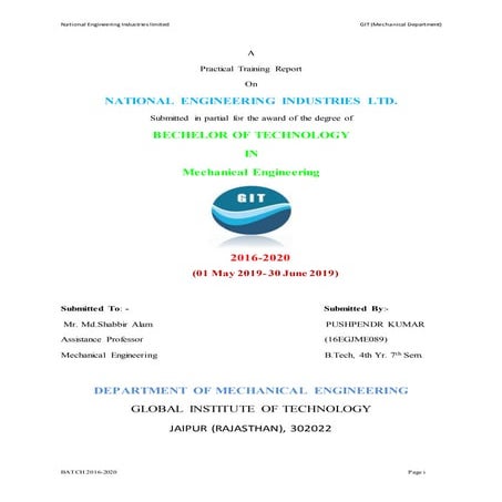 Taper roller bearing training report NBC | DOCX