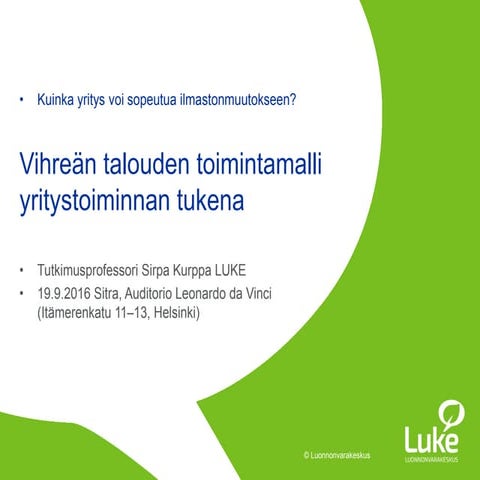 Vihreän talouden liiketoimintamalli yritystoiminnan tukena | PPT