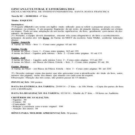 Gincana Literária e Cultural 2014 - Tarefa 02 esquete | DOCX | Books and Literature