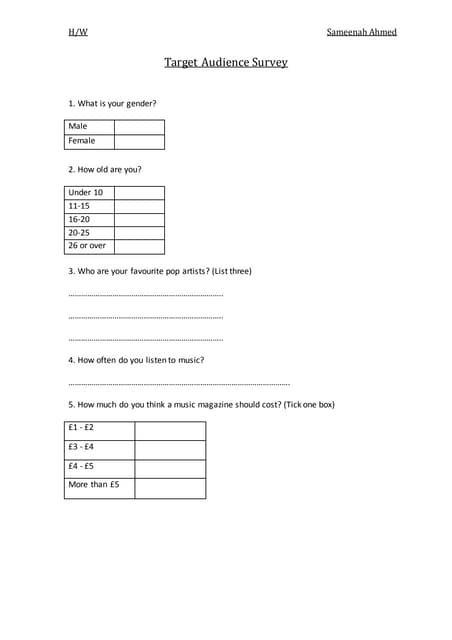 Pop magazine questionnaire