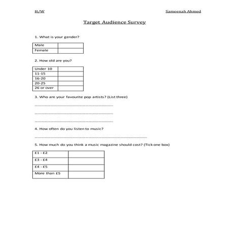 Pop magazine questionnaire