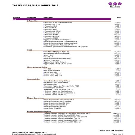 Tarifes lloguer ARA SO 2012 | PDF