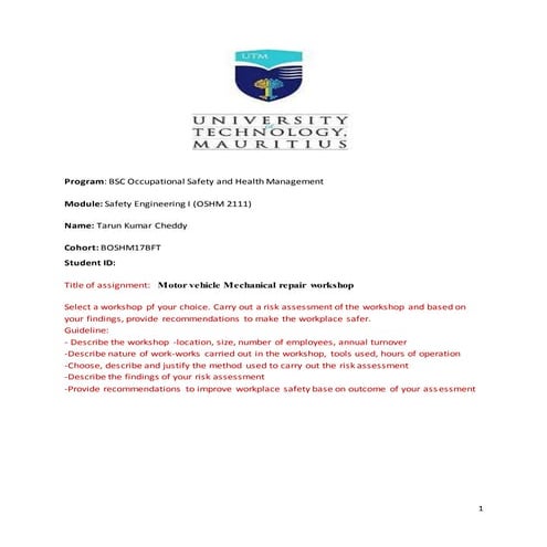 Motor vehicle Mechanical repair workshop Risk assessment, safety ...