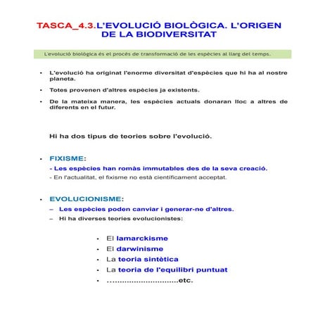 Tasca 4.3.l’evolució biològica. l’origen de la biodiversitat | PDF