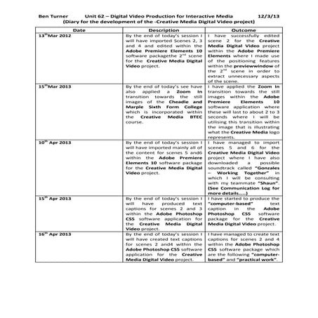 Task 1 diary for the development of the creative media digital video ...