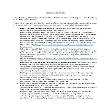 Task 11 regulatory body | DOCX | Advertising Industry | Industries