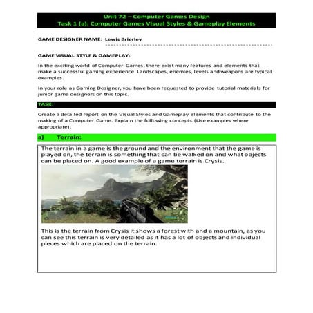Task 1a unit 72 computer games - visual style gameplay elements (p1) | PDF