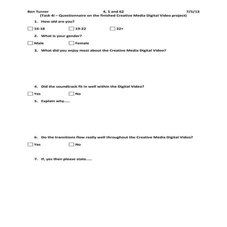 Task 4i – questionnaire on the finished creative media digital video ...