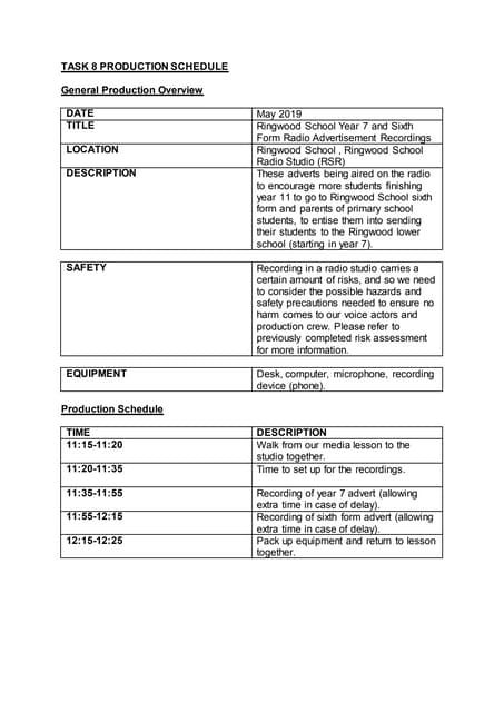 Task 8 production schedule (part 2) | PDF