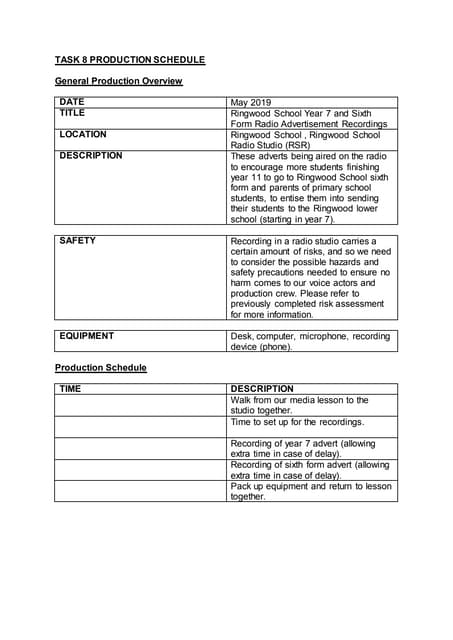 Task 8 production schedule | DOCX