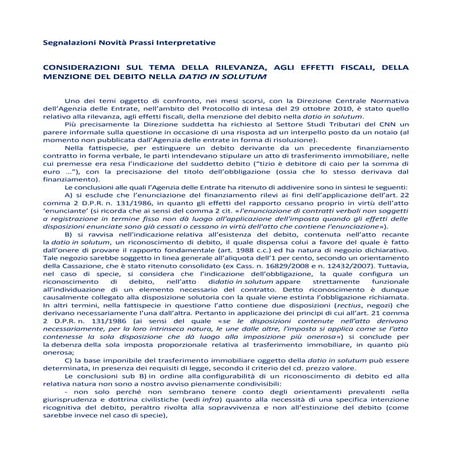 Tassazione datio in solutum | DOC