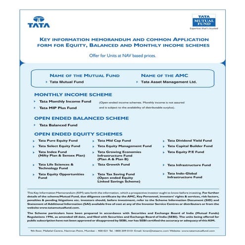Tata mutual fund common application form equity balanced mis with kim | PDF