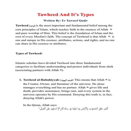 Tawheed And It's Types By Er Tawseef Qadir | PDF