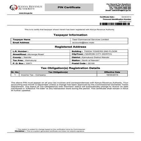 Tawi tax KRA Certificate | PDF