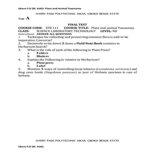 Taxonomy final assessment test for year 1 students- Ukoro Frank. | DOCX