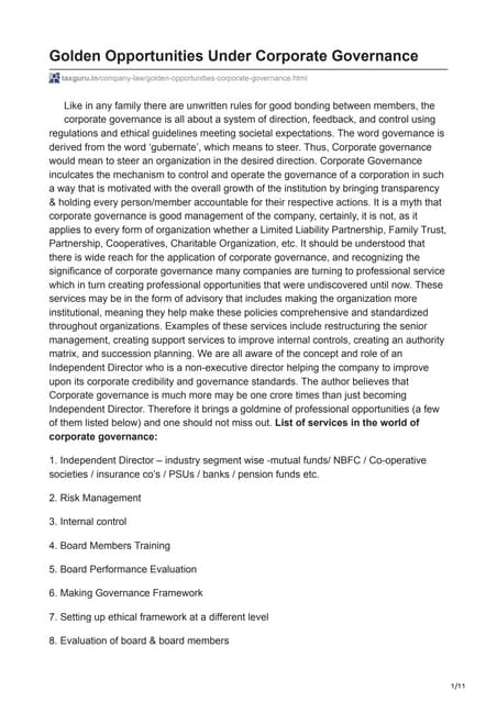 Challenges and issues in corporate governance | PPT