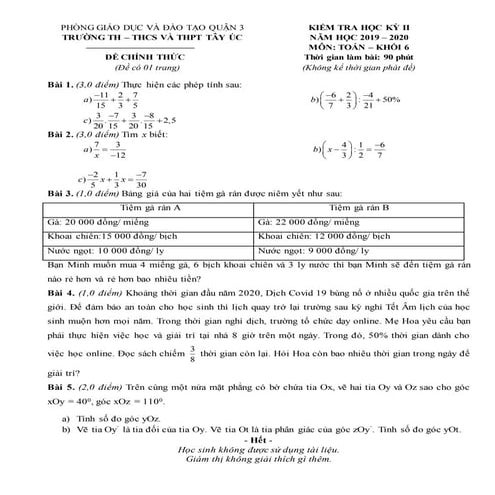 Đề Thi HK2 Toán 6 - THCS Tây Úc | DOCX