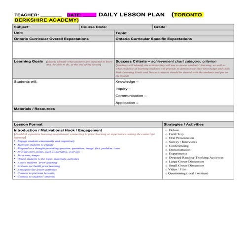 Toronto Berkshire Academy lesson plan template | DOC