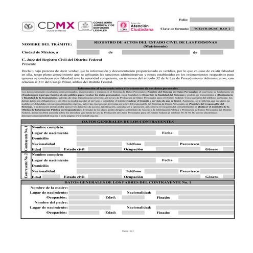 Registro Civil CDMX. Formato y requisitos para matrimonio civil. | PDF