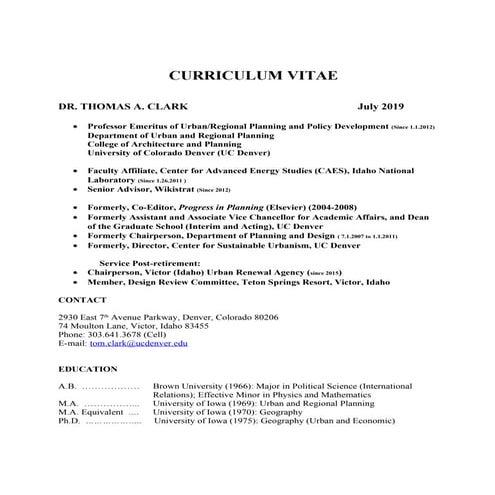 Thomas A. Clark. Curriculum Vitae. July 2019. Urban and Regional ...