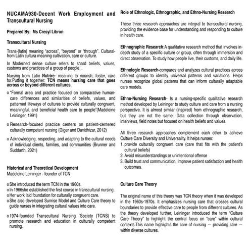 transcultural nursing lesson 1 on TCNMMM | PDF
