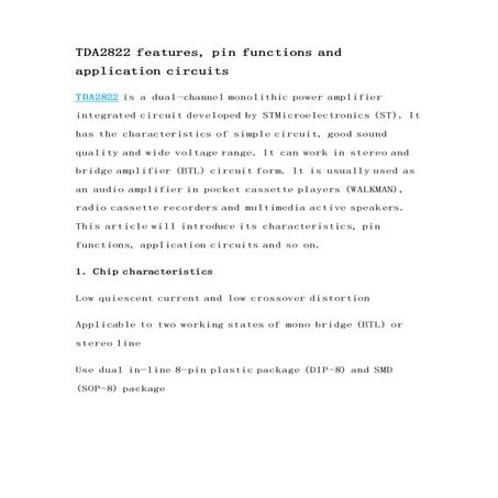 Tda2822 features, pin functions and application circuits | DOCX