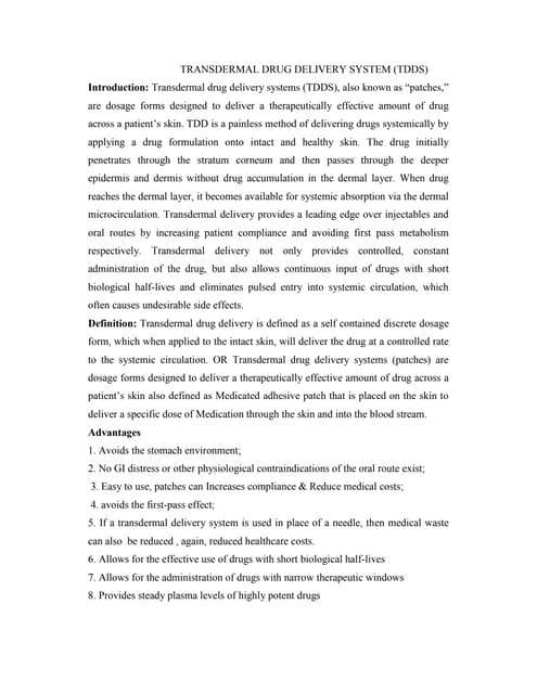 Transdermal Drug Delivery Systems: Structure of Skin & Barriers | PDF