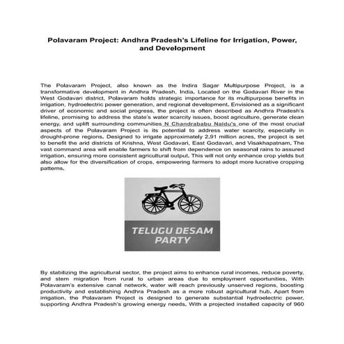 Polavaram Project: Andhra Pradesh’s Lifeline for Irrigation, Power, and Development | PDF