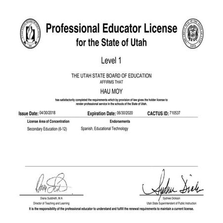UTAH Teacher license | PDF