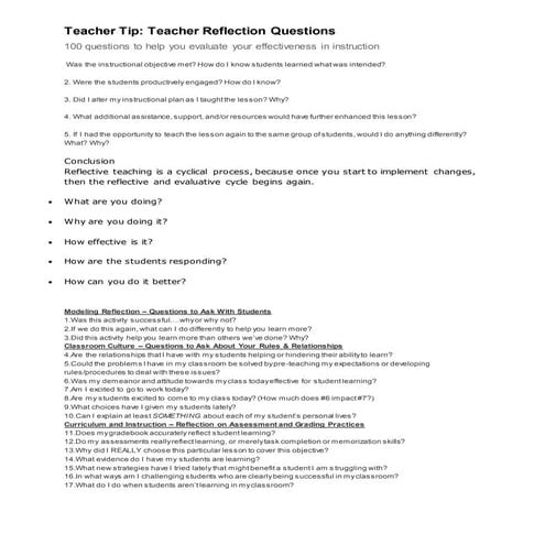 Teacher reflection | DOCX | Educational Assessment | Education