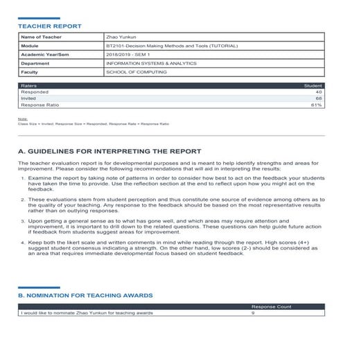 Teacher Evaluation Report for BT2101 (Tutorial) | PDF