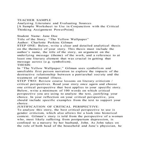 TEACHER SAMPLEAnalyzing Literature and Evaluating Sources[A Sa | PDF