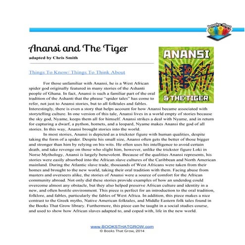 Teachers Guide: Anansi and the Tiger | PDF