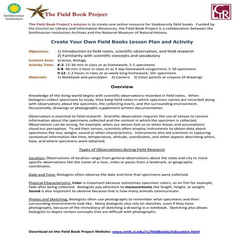 Create Your Own Field Notes Lesson Plan and Activity, 2012 ed | PDF