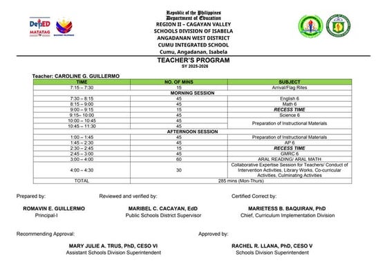 MATATAG CLASS-PROGRAM-GRADE-5-AND-6-edited.docx | Professional School ...