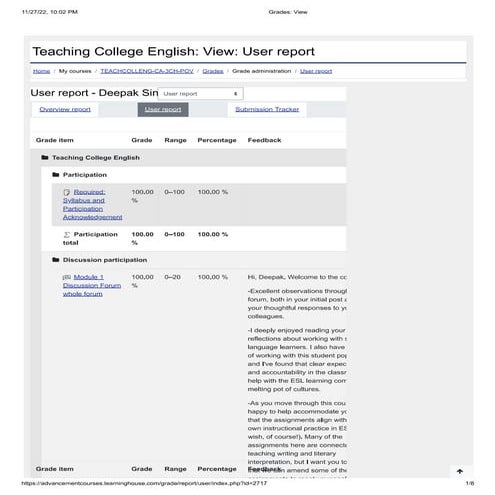 Teaching College English Course Assignment Grades of Deepak Danny Singh ...