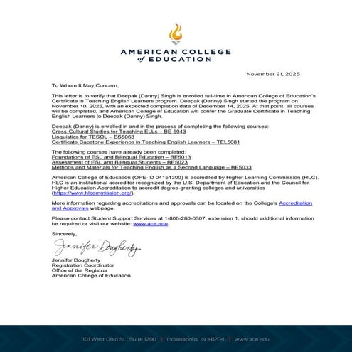 Teaching English Learners Graduate Certificate Letter of Deepak (Danny ...