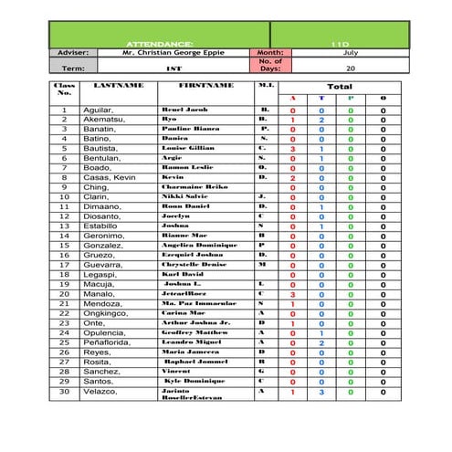Teaching file attendance sheet (for hard copy) | DOCX