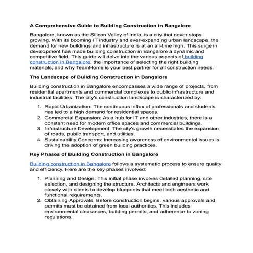 A Comprehensive Guide to Building Construction in Bangalore | PDF