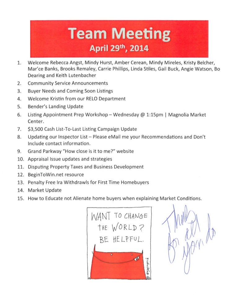 Team Meeting Agenda Notes April 29th 2014 team-meeting-agenda-notes-april-29th-2014