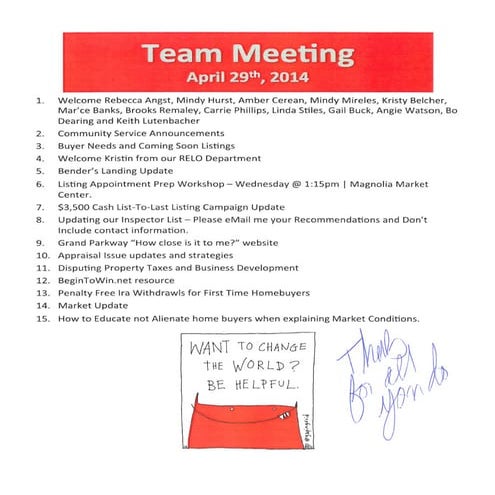 Team Meeting Agenda Notes - April 29th, 2014 | PDF