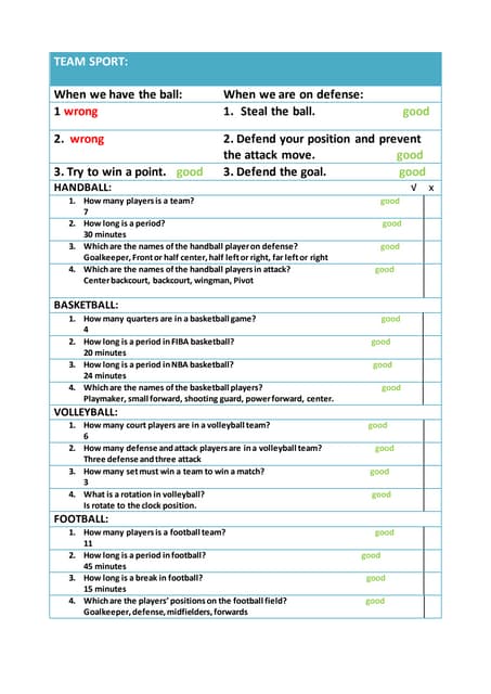 Worksheet "Team Sports" in theory class | DOC