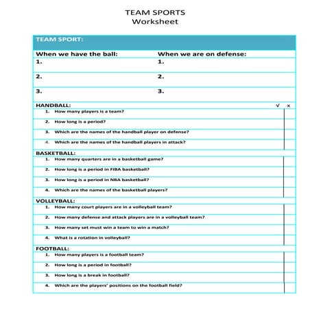 Worksheet "Team Sports" in theory class | DOC | Sports