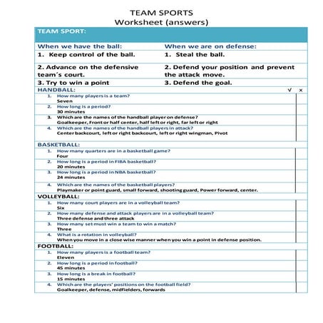 Team sport worksheet | DOCX
