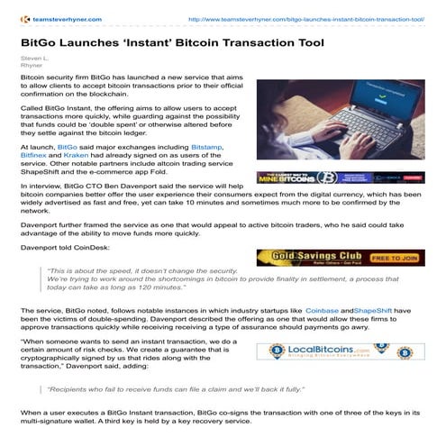 BITGO LAUNCHES ‘INSTANT’ BITCOIN TRANSACTION TOOL | PDF